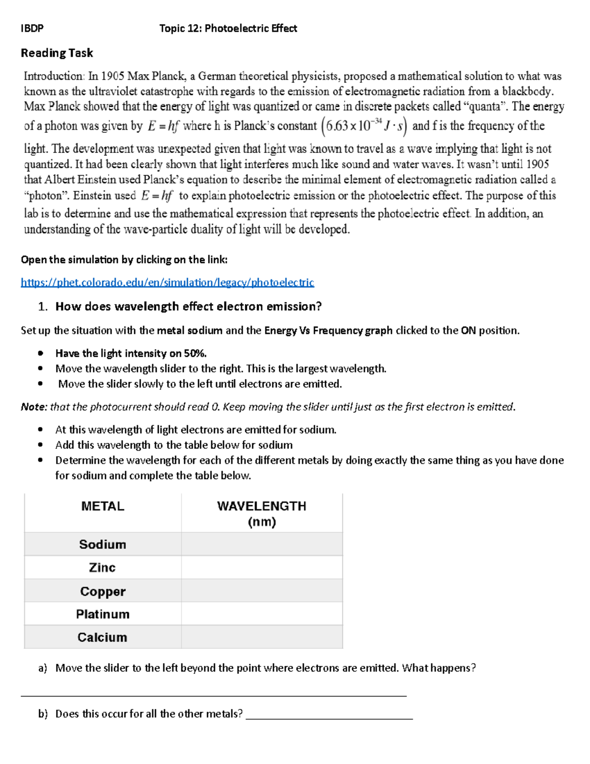 Lab simulation instructionsheet - IBDP Topic 12: Photoelectric Effect ...
