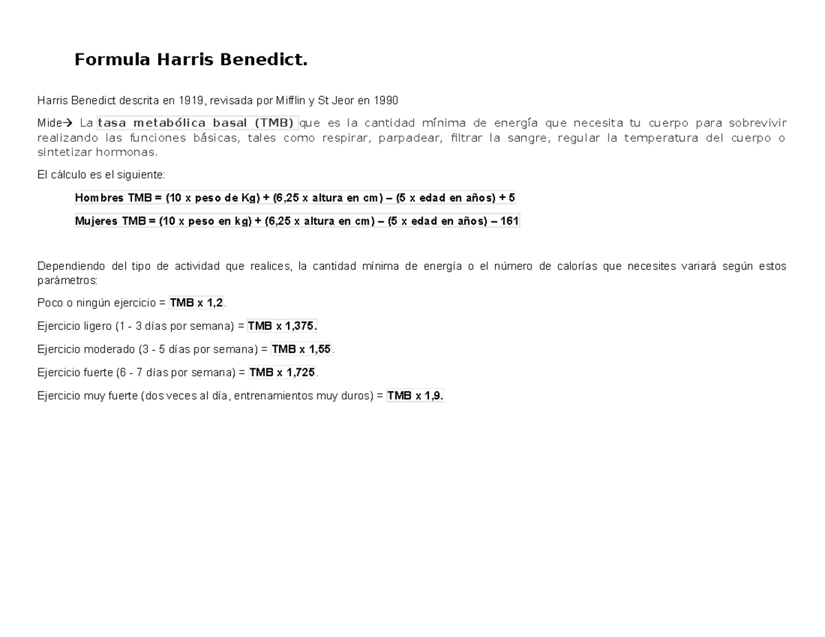 Cirugia 2 parcial - Dr. Avalos - Formula Harris Benedict. Harris ...