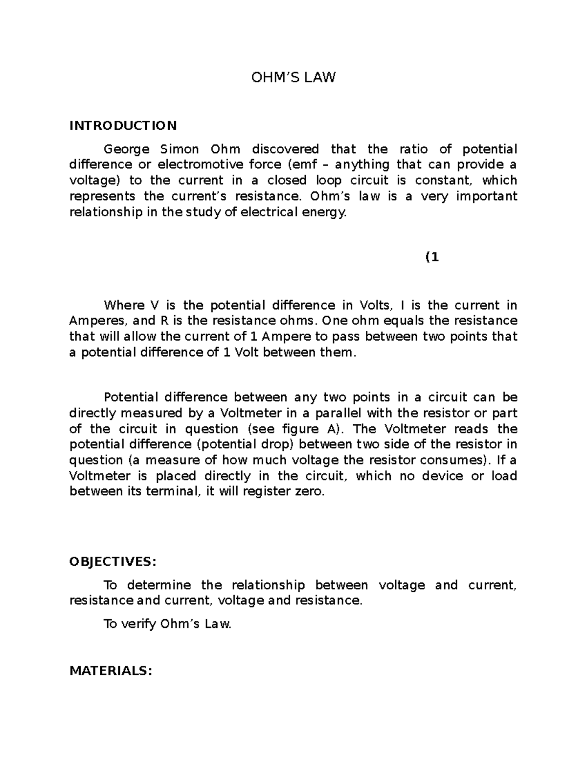 OHMS-LAW LABORATORY REPORT - OHM’S LAW INTRODUCTION George Simon Ohm ...