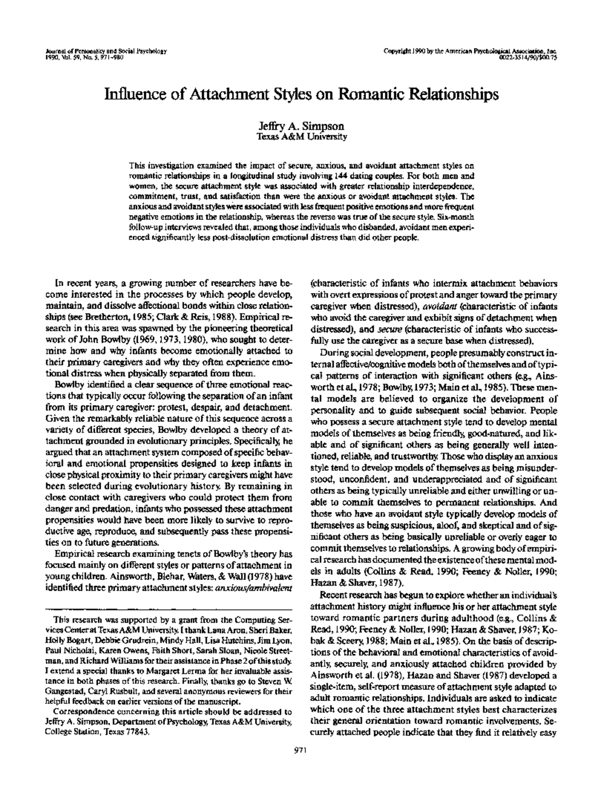 Influence Of Attachment Styles On Romantic Relationships Journal Of Personality And Social