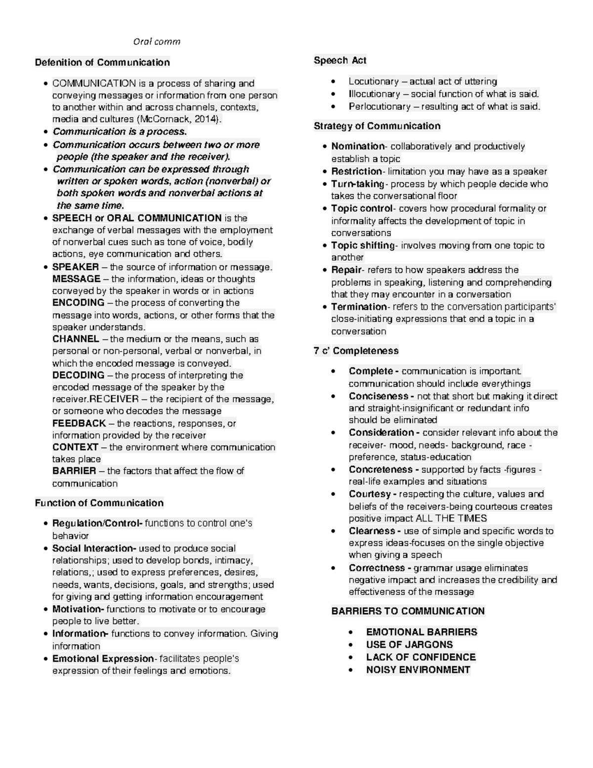 Oral-comm - lecture notes - Oral comm Defenition of Communication ...