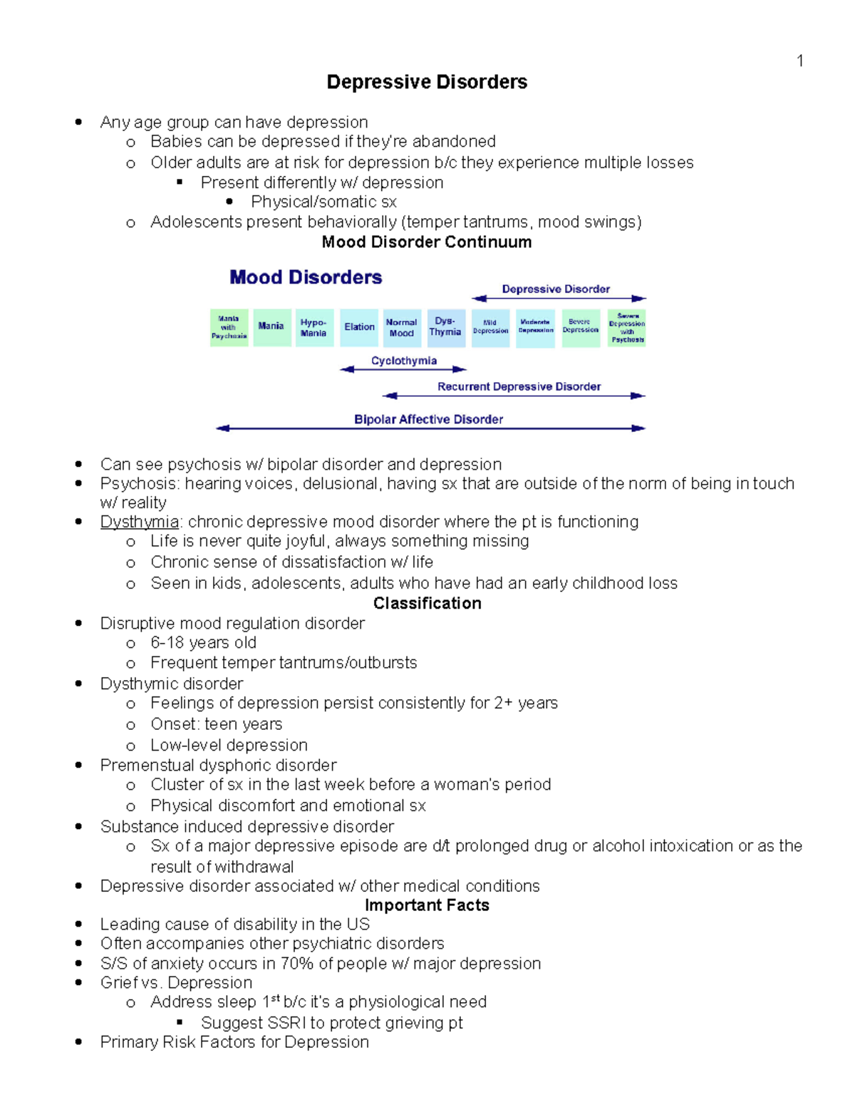 Depressive Disorders notes - 1 Depressive Disorders Any age group can ...