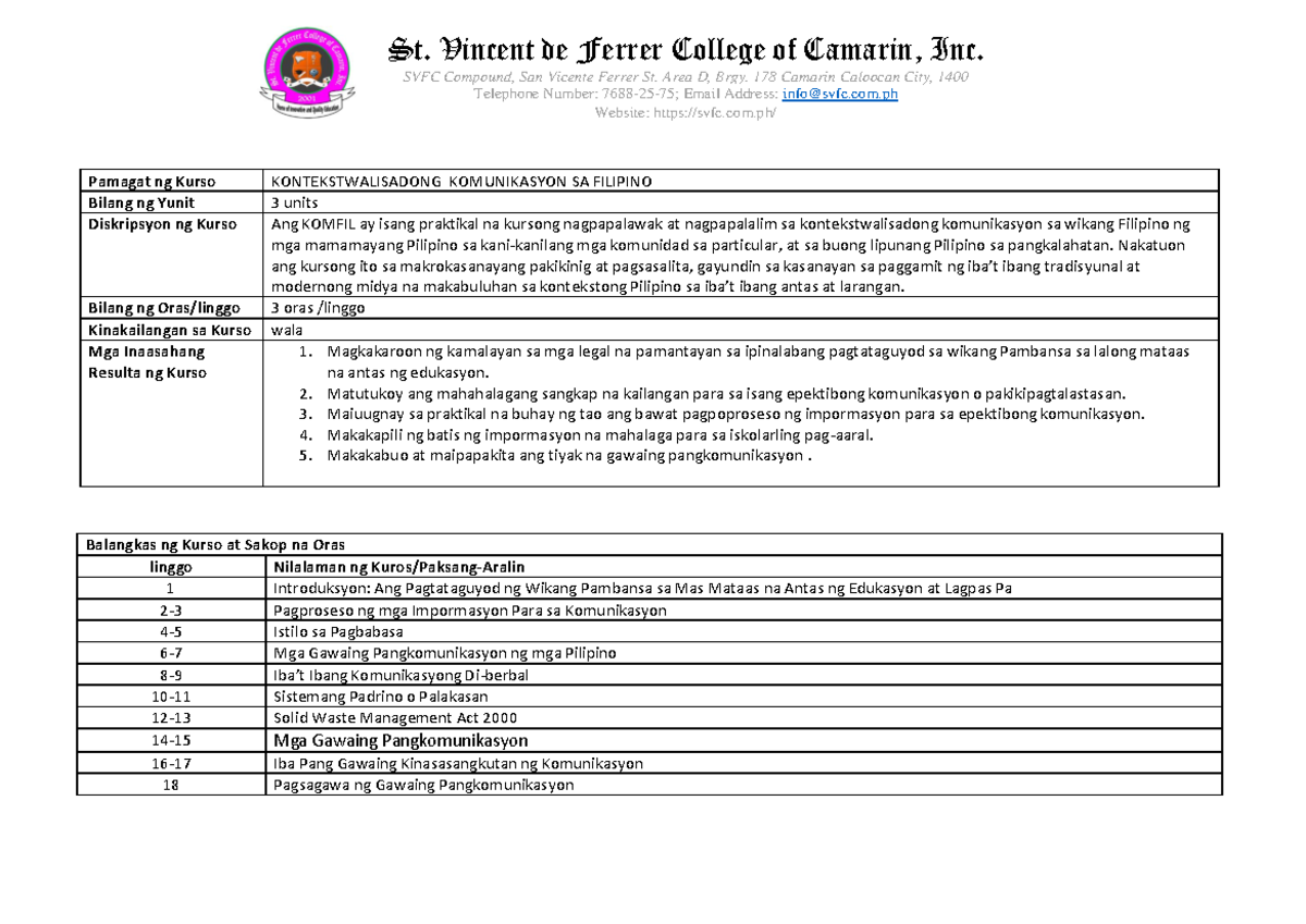 Filipino GE 13 Nacario SVFC Ched Syllabus - SVFC Compound, San Vicente ...