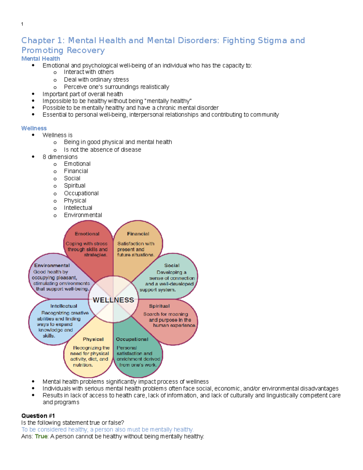 Week 1 Lecture Notes - Chapter 1: Mental Health and Mental Disorders ...