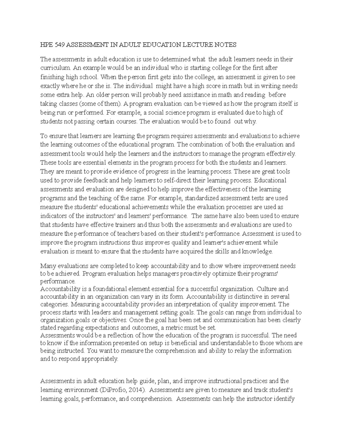 HPE 549 Assessment IN Adult Education Lecture Notes - HPE 549 ...