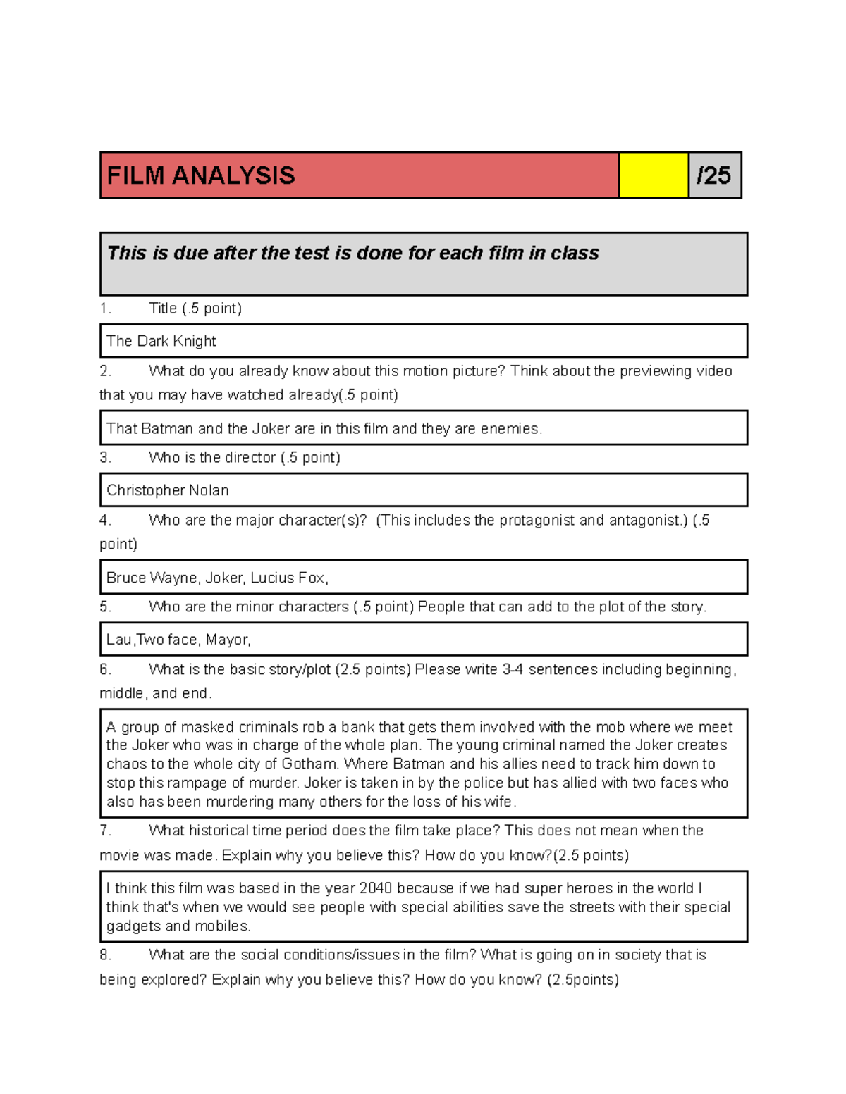 Analysis of Film - (The Dark Knight) - FILM ANALYSIS / This is due ...