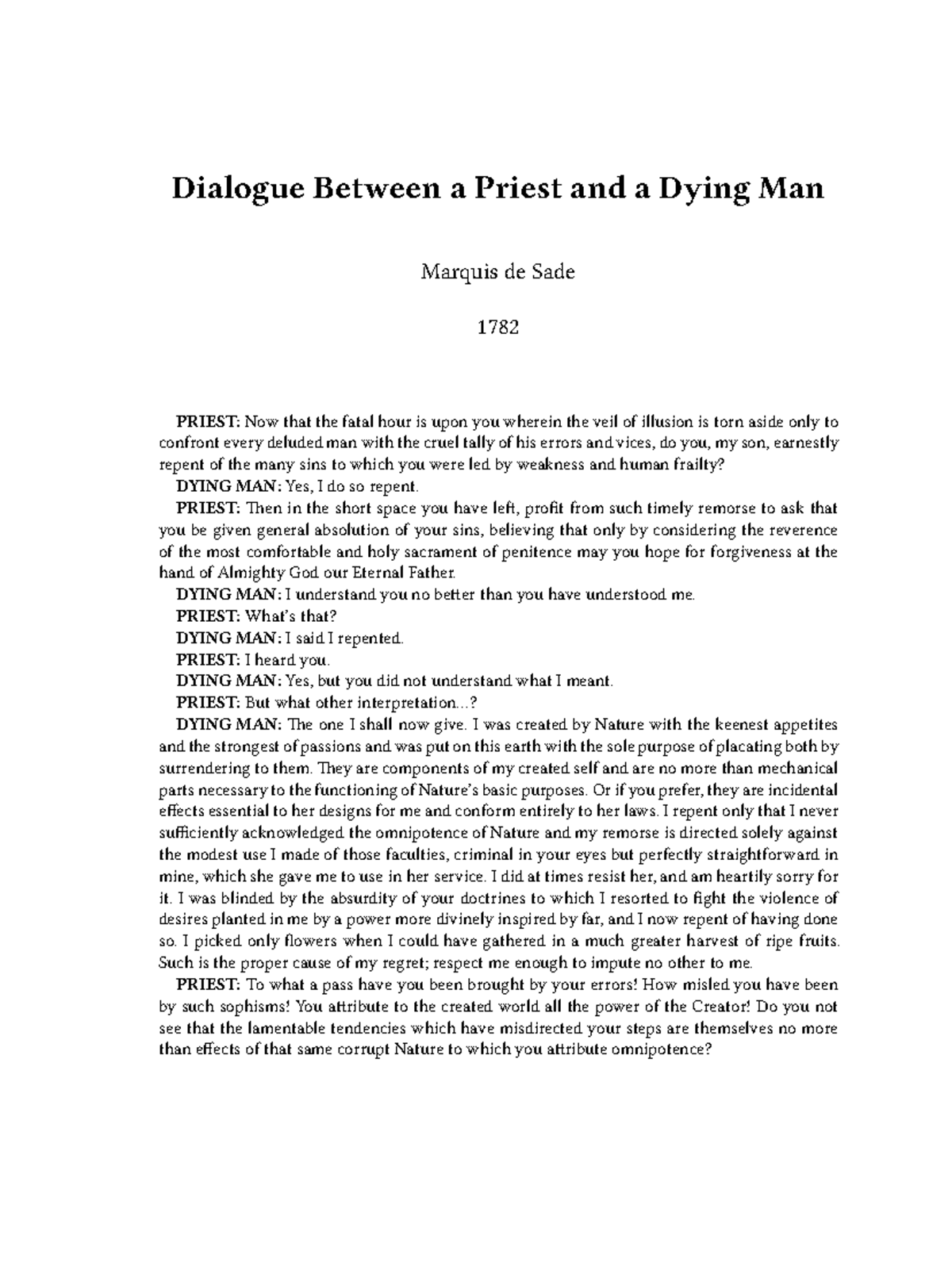 Marquis de sade dialogue between a priest and a dying man - Dialogue ...