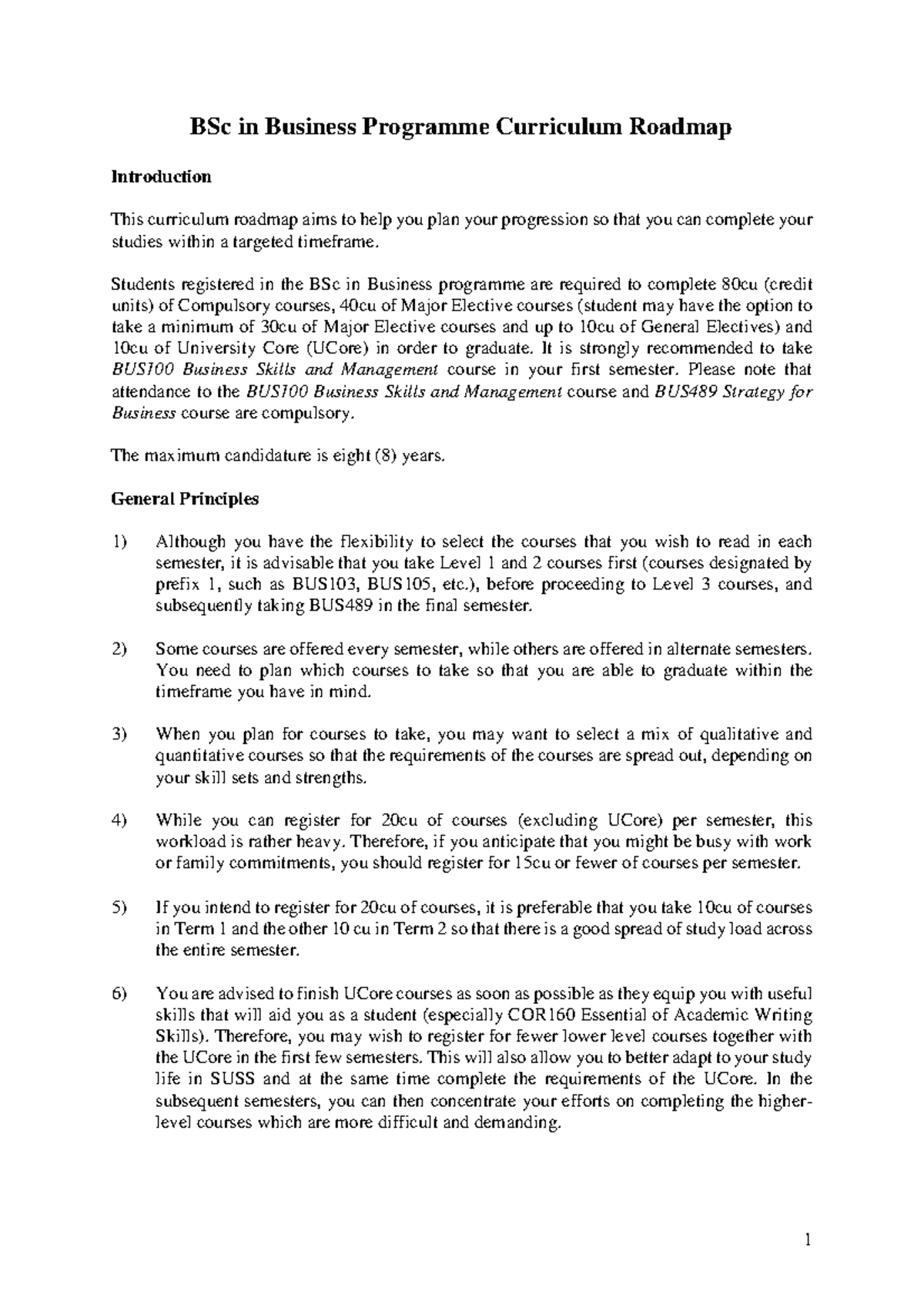 BSc Business Programme Curriculum Roadmap - Jan 2020 - BSc in Business ...