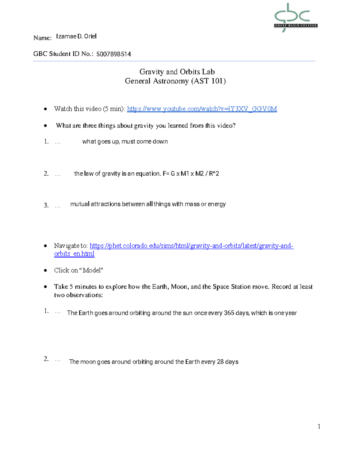 Lab 1 (Gravity and Orbits) - Name: GBC Student ID No.: Gravity and ...