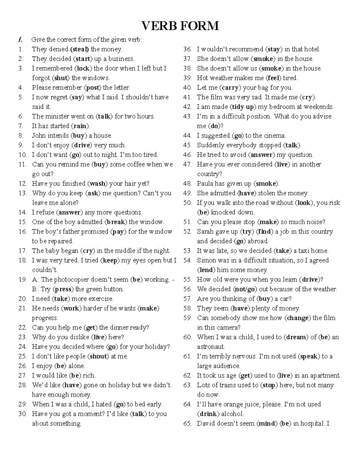 Verb Form Exercise Part Of A Tutorial Project VERB FORM I Give The