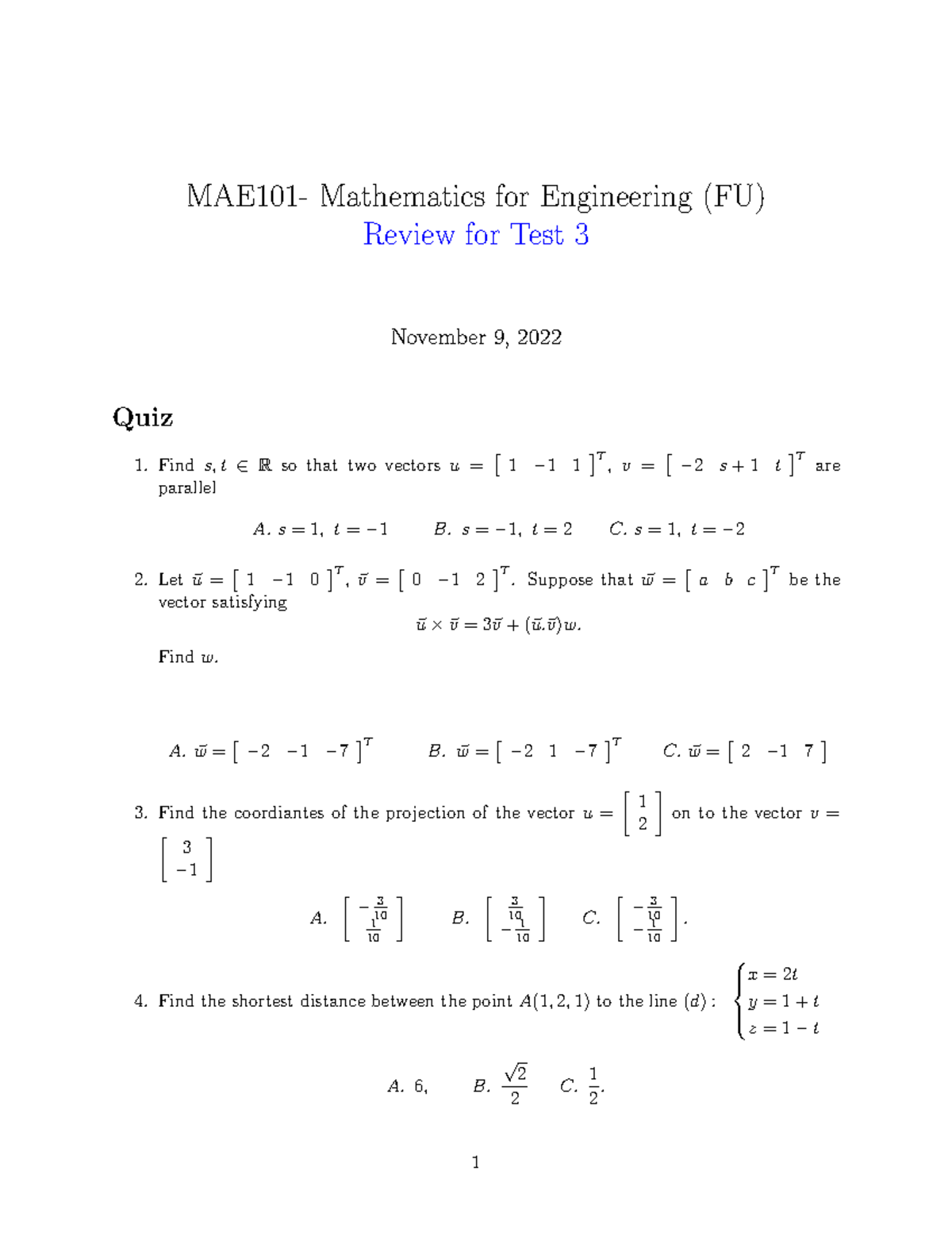 Review for test 3 - asa - MAE101- Mathematics for Engineering (FU ...