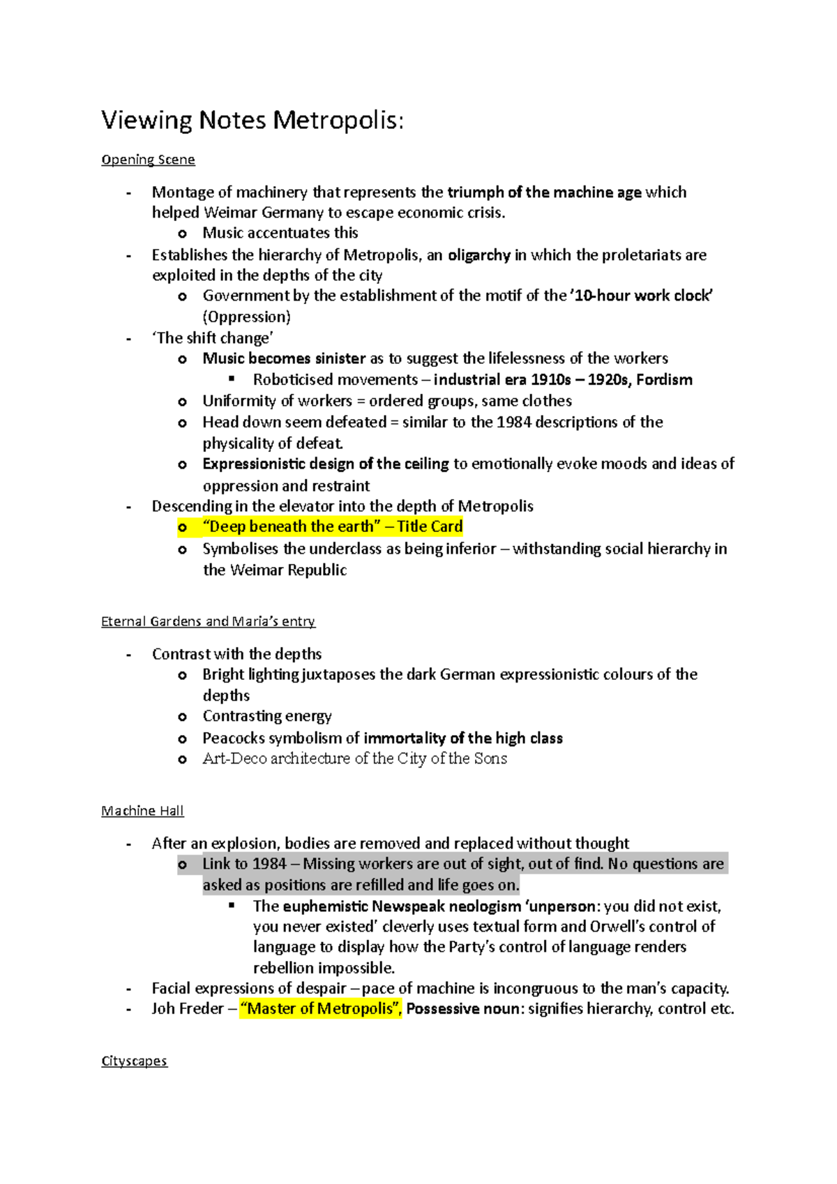 COMM1110 practice material 4 - Viewing Notes Metropolis: Opening Scene ...