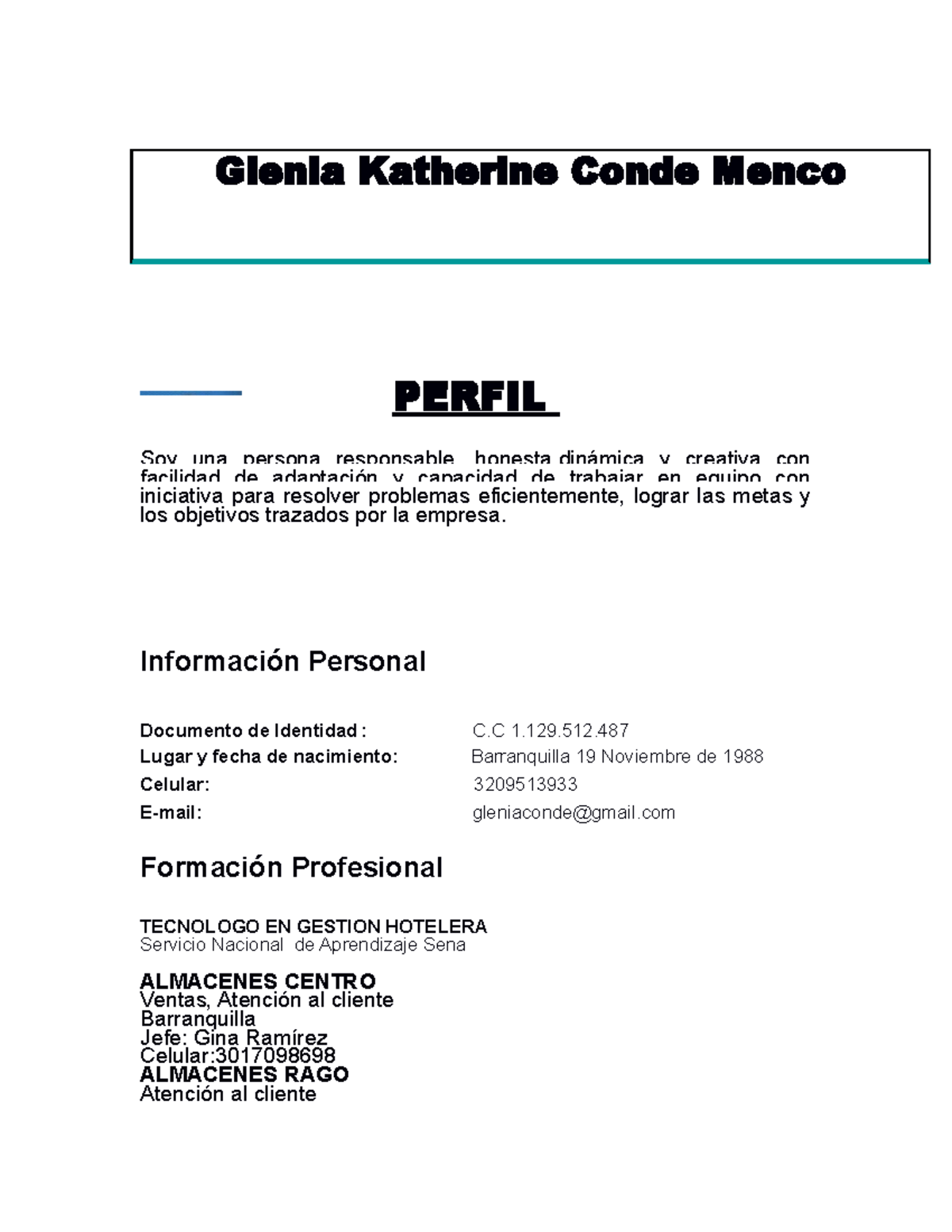 FINANZAS PRACTICA - Glenia Katherine Conde Menco PERFIL Soy una persona ...