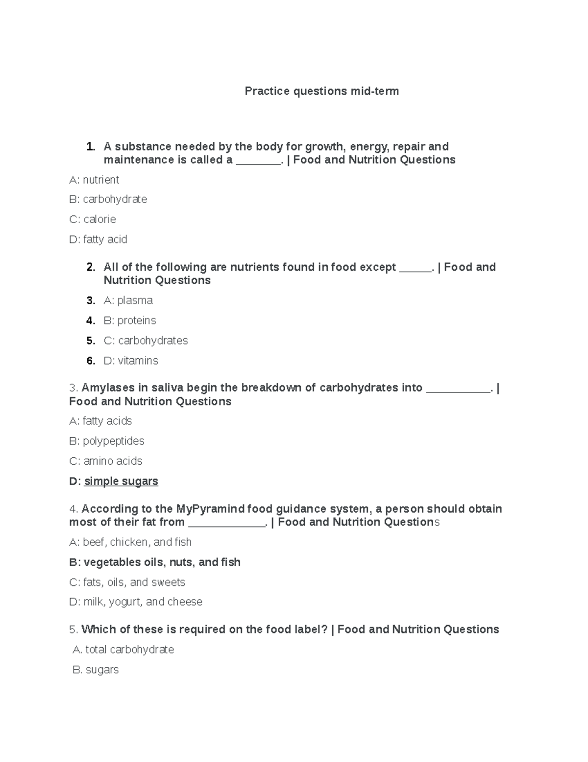 Food and Nutrition Practice Questions - Studocu
