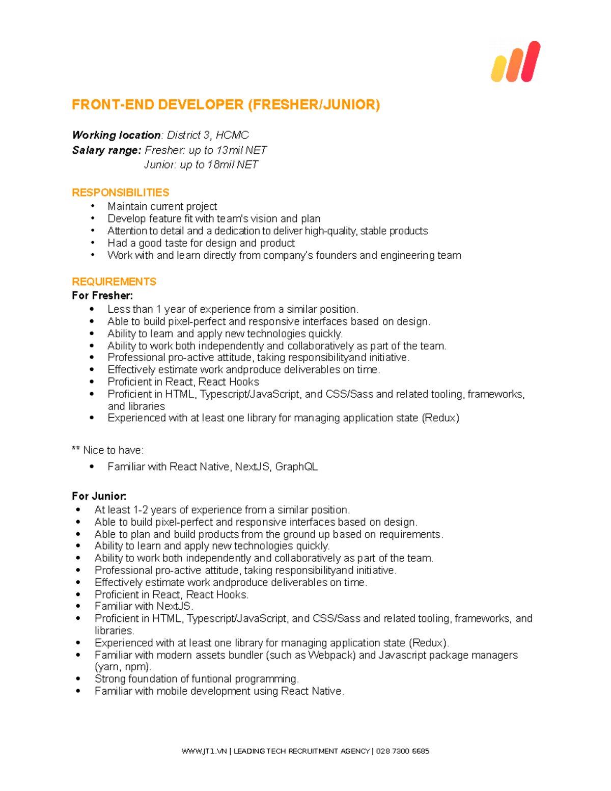 JT1 - JD - Front-end Developer - FRONT-END DEVELOPER (FRESHER/JUNIOR ...