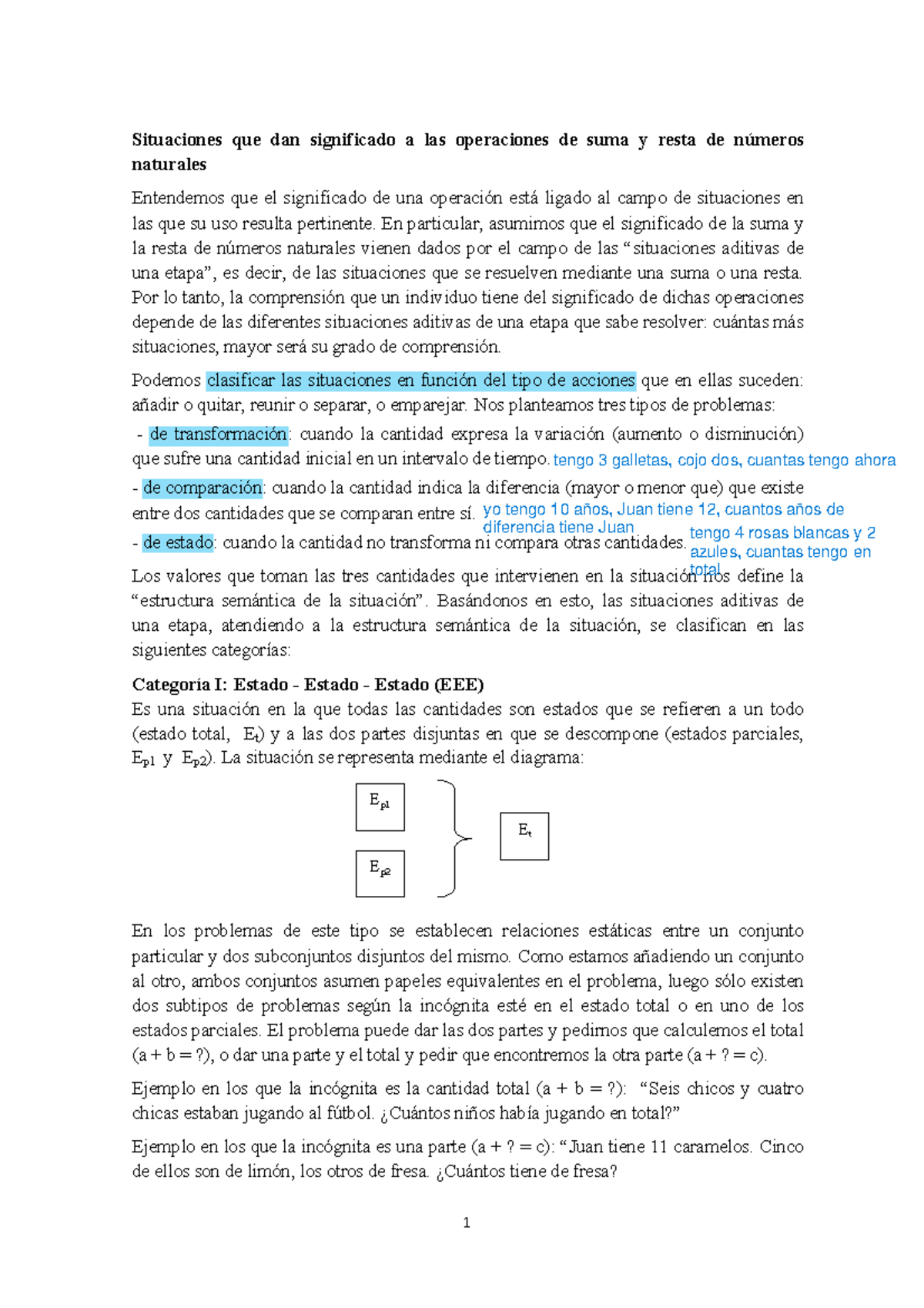 Situaciones suma y resta (teoría) - 1 Situaciones que dan significado a ...