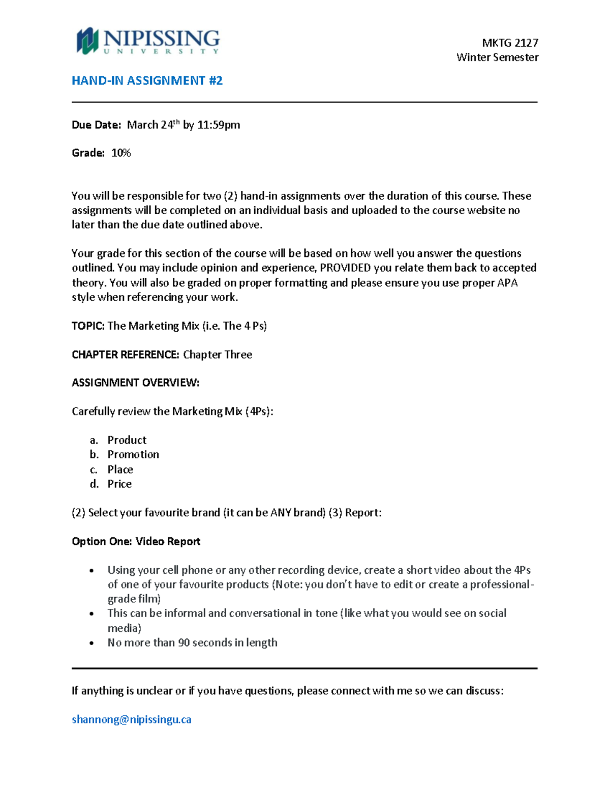 MKTG 2127 - Assignment #2 Outline - MKTG 2127 Winter Semester If ...