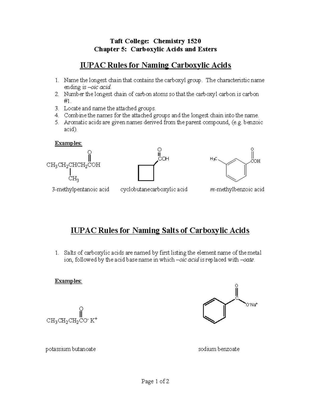 Chapter 05 Carboxylic Acids and Esters Handout - Page 1 of 2 Taft ...