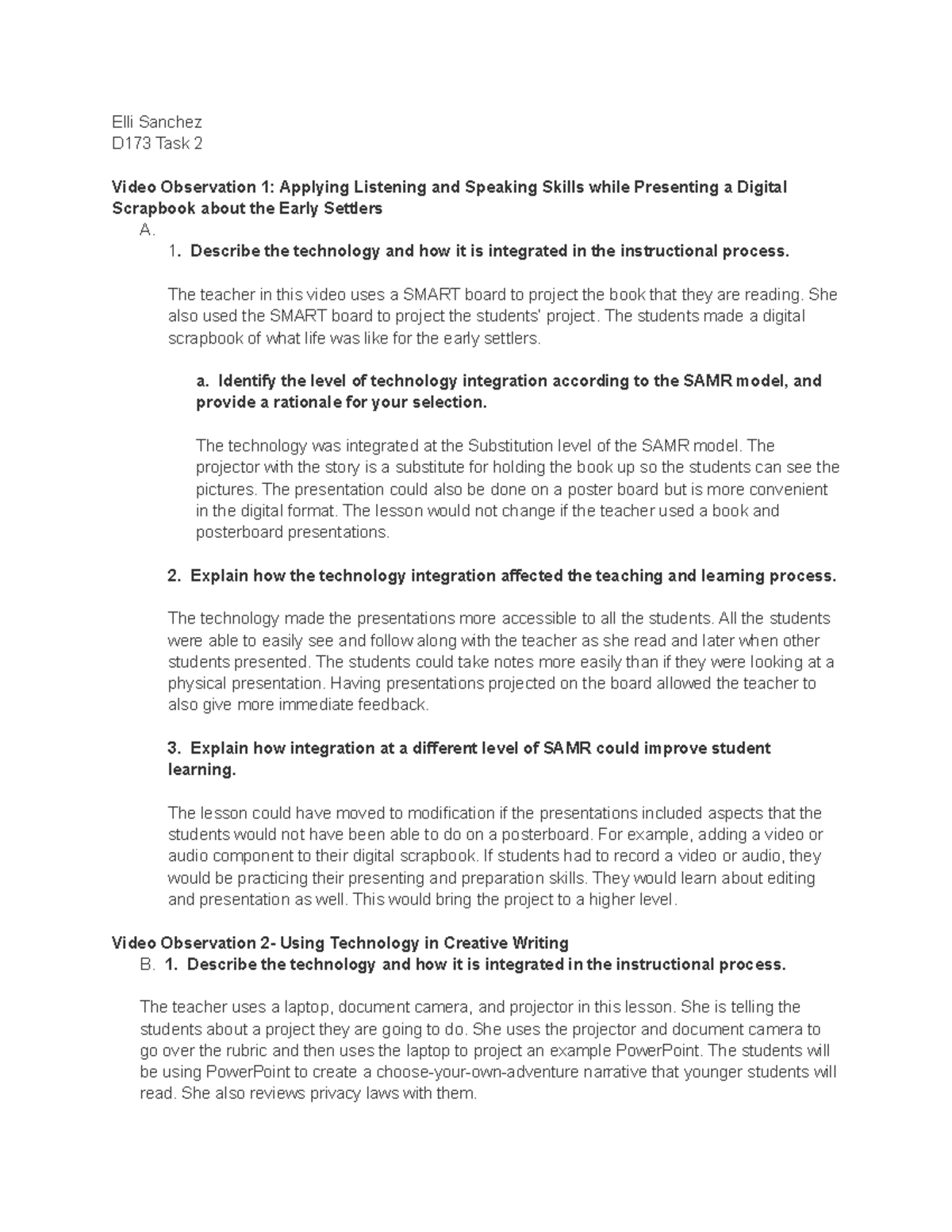 D173 Task 2 - Passed - Elli Sanchez D173 Task 2 Video Observation 1 ...