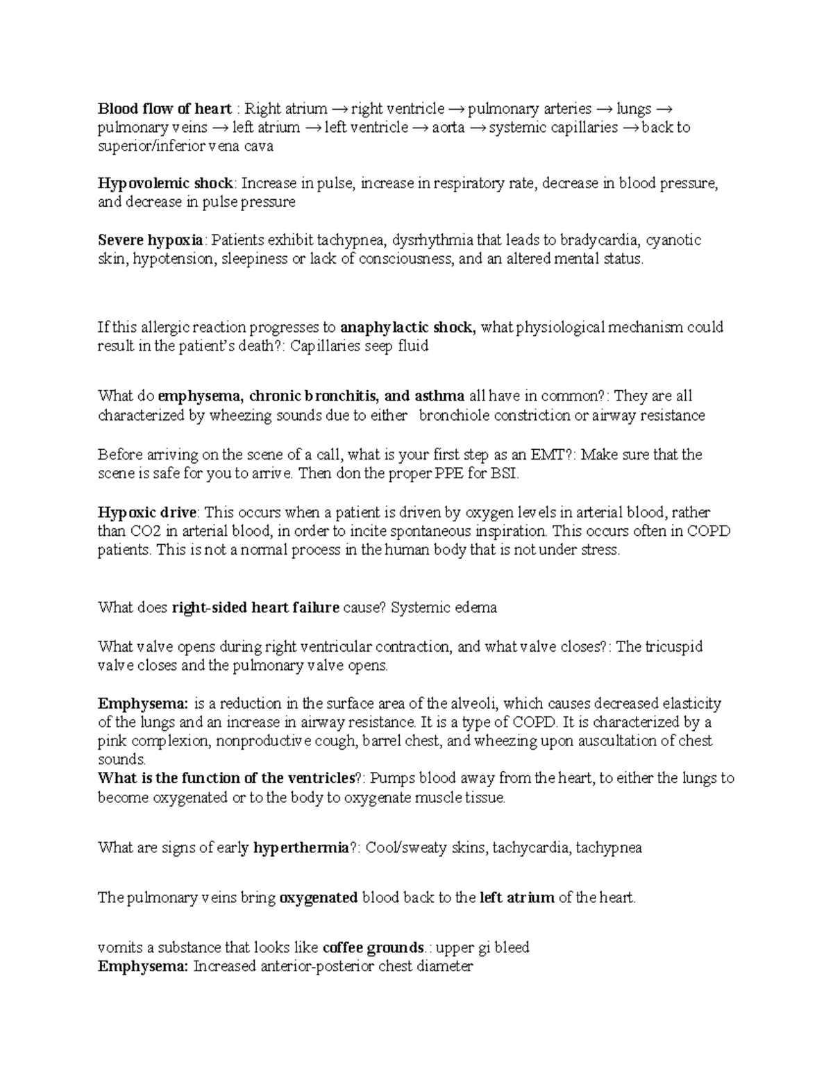 emt cheat sheet - Blood flow of heart : Right atrium → right ventricle ...