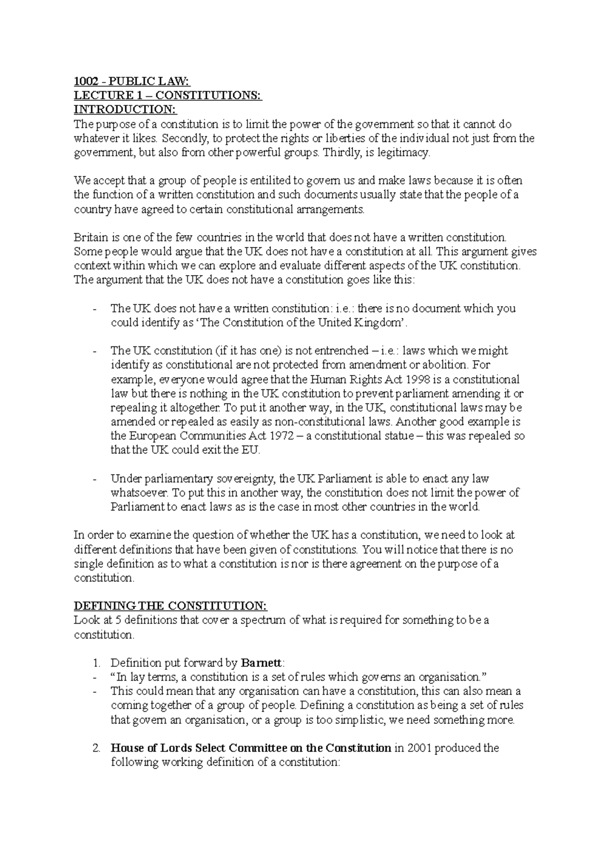 Lecture 1 - Constitutions - 1002 - PUBLIC LAW: LECTURE 1 – CONSTITUTIONS: INTRODUCTION: The ...