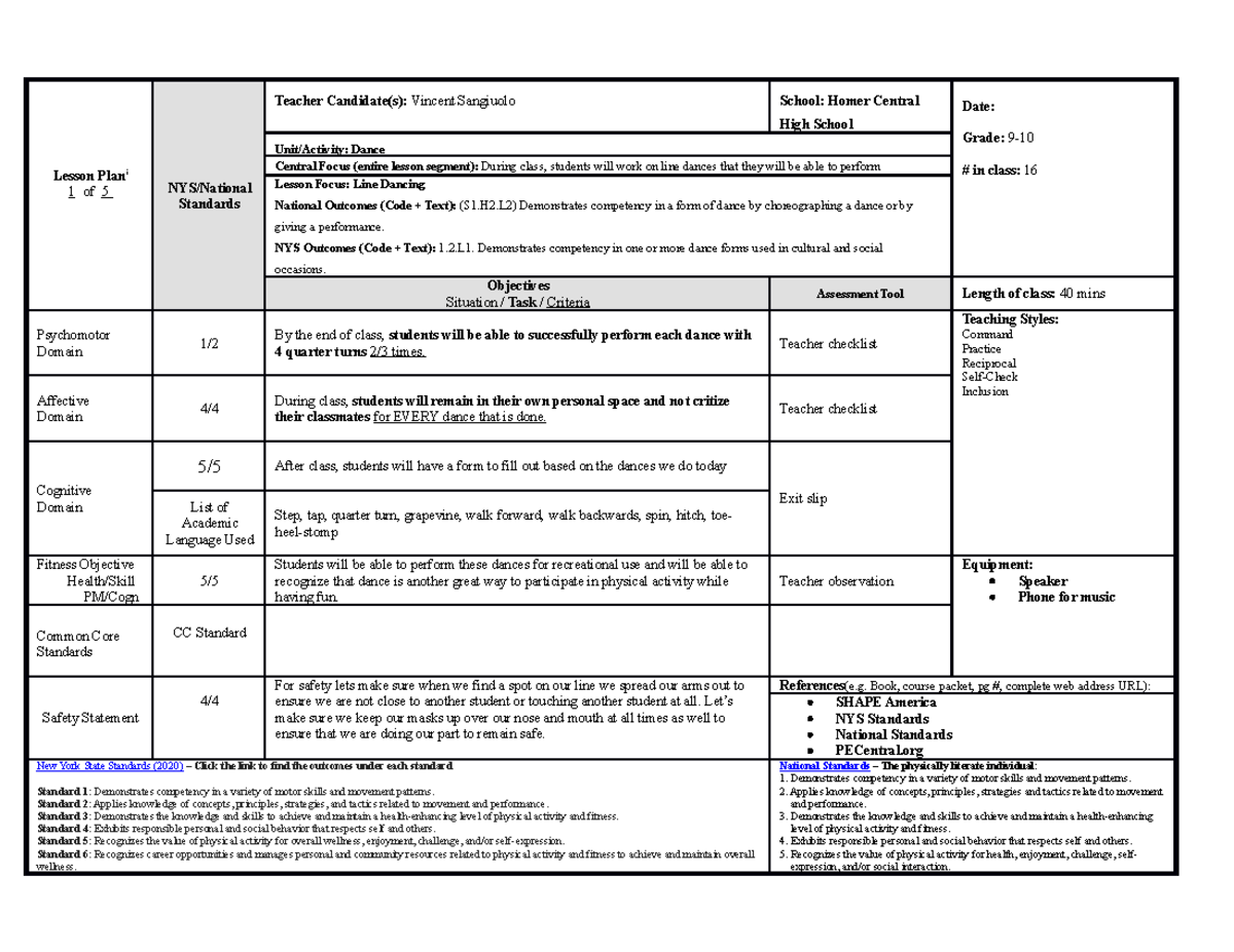 ST week 10 dance data LP 2 - Lesson Plani 1 of 5 NYS/National Standards ...