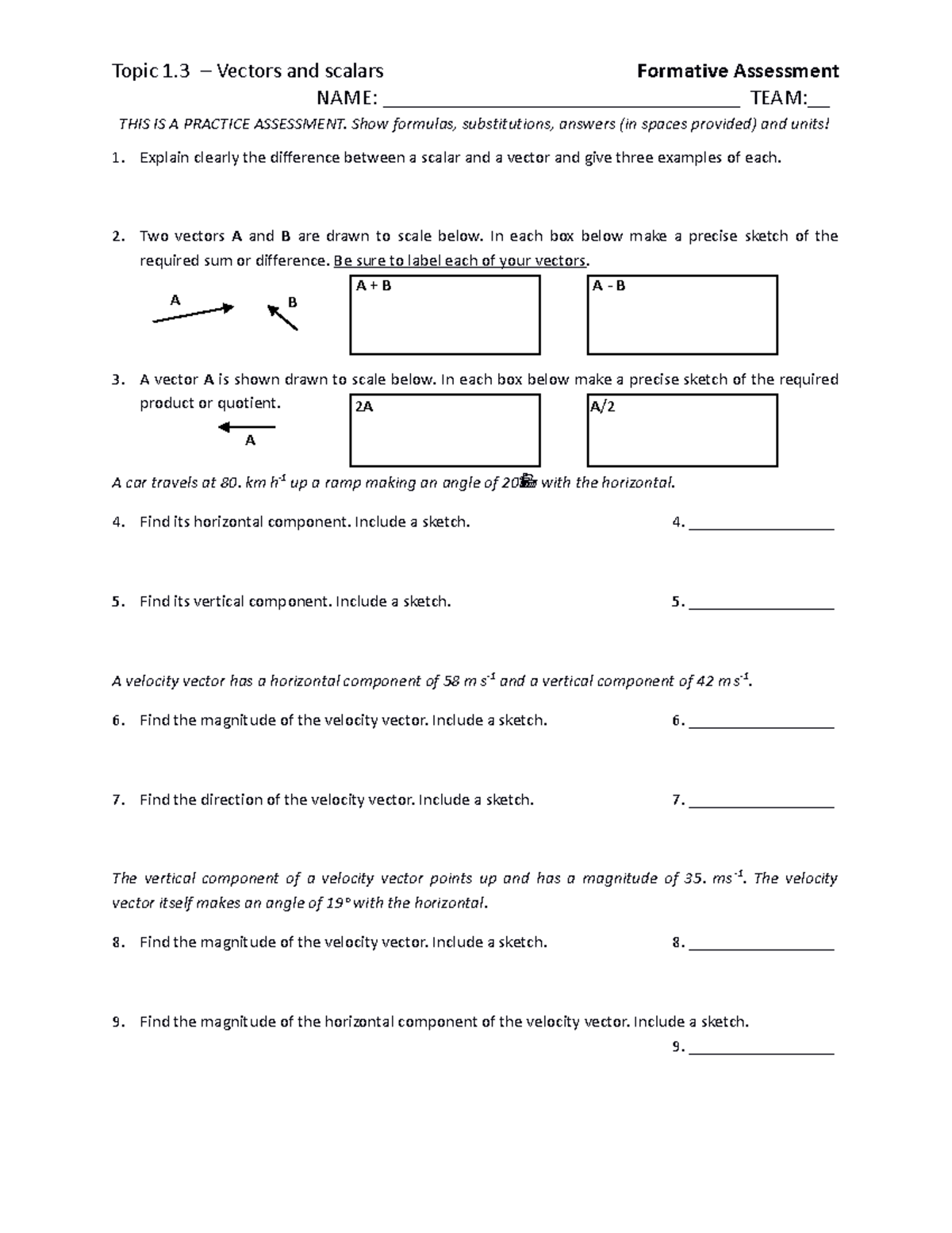 Topic 1.3 Formative - Practice Worksheet - Homework - Topic 1 – Vectors ...
