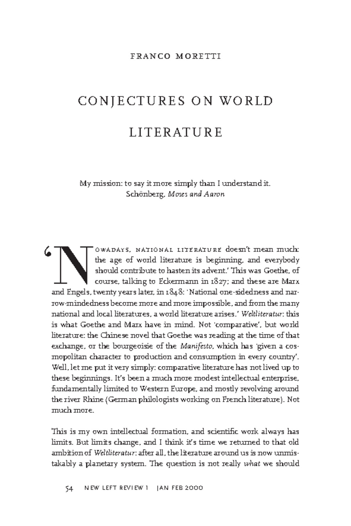 Franco Moretti, Conjectures on World Literature, NLR 1, January ...