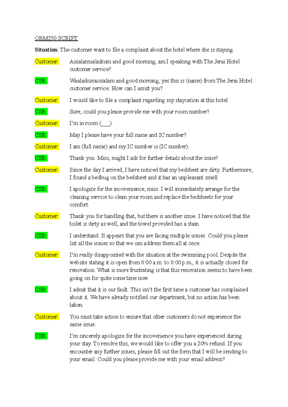OBM250 Script - OBM250 SCRIPT Situation: The customer want to file a ...