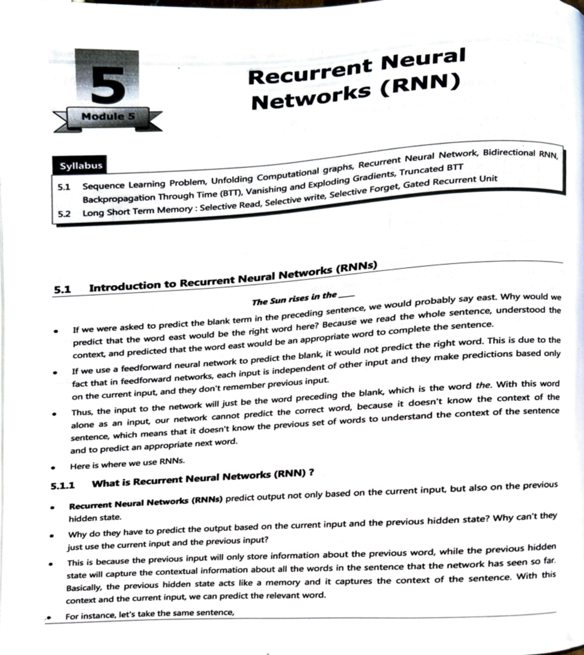 DL module 5 - Recurrent Neural Networks (RNNJ Syllabus h Recurrent Neural Network, Bidirectio~al ...