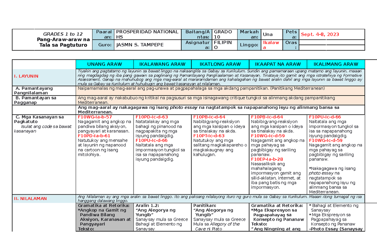 lesson plan for filipino 10 - GRADES 1 to 12 Pang-Araw-araw na Tala sa ...