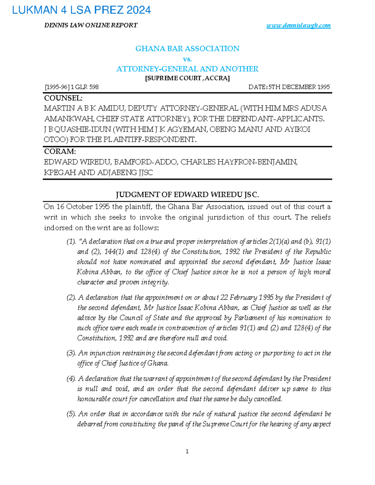 Ghana BAR Association V. Attorney- General AND Another - GHANA BAR ...