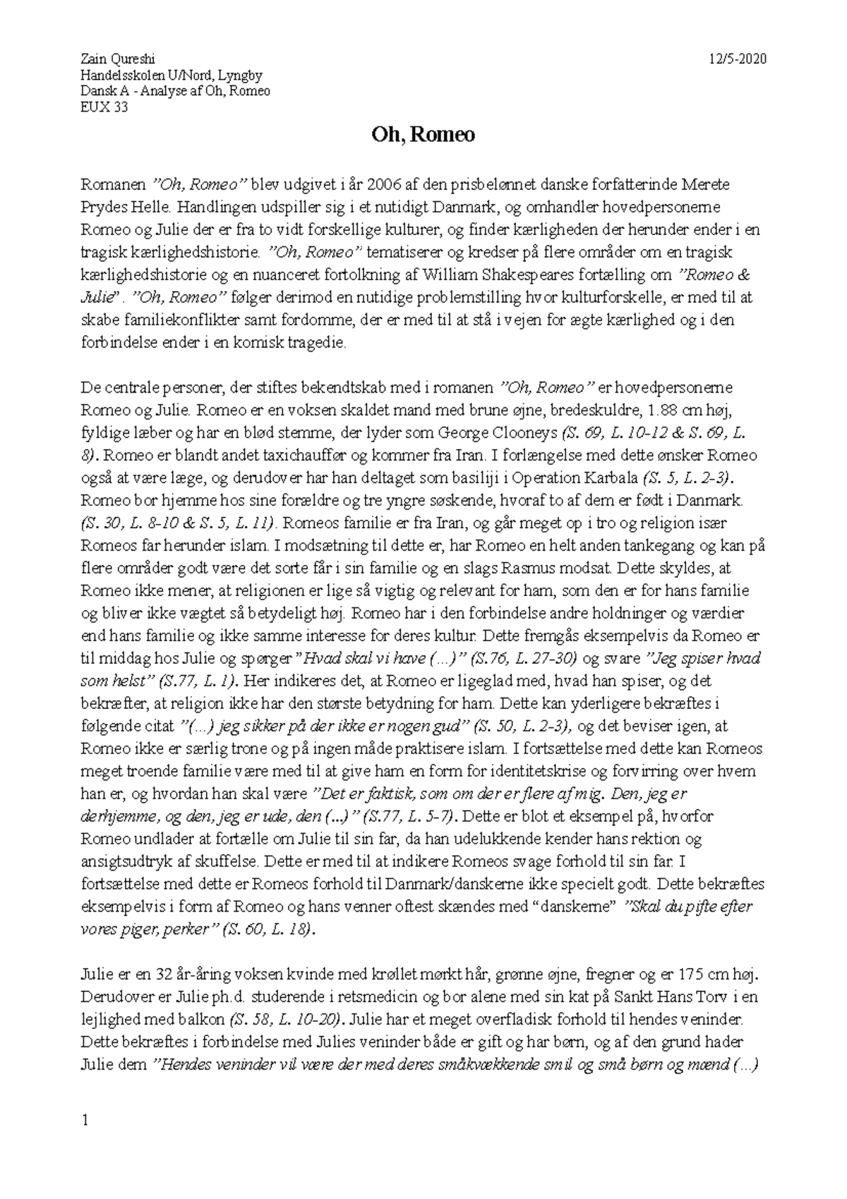 Oh, Romeo - Aflevering - Handelsskolen U/Nord, Lyngby Dansk A - Analyse ...