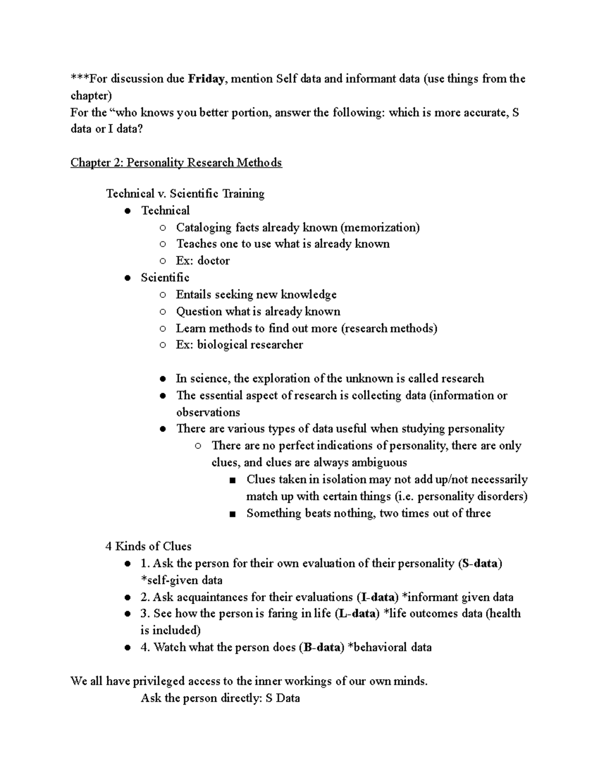 Psych of Personality (1/23/23) - ***For discussion due Friday, mention ...