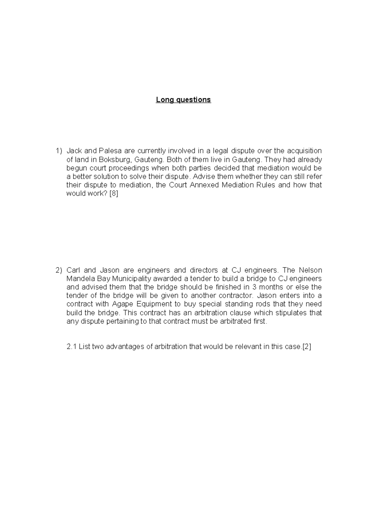 JHAV202 Tutorial (26 August) ARBITRATION - Long questions Jack and ...