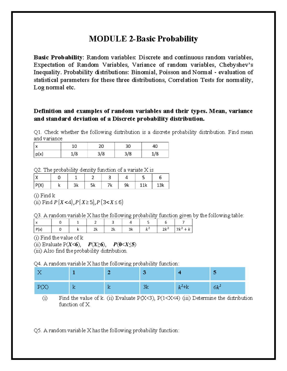 Module 2-Random Variables - MODULE 2-Basic Probability Basic Probability: Random variables ...