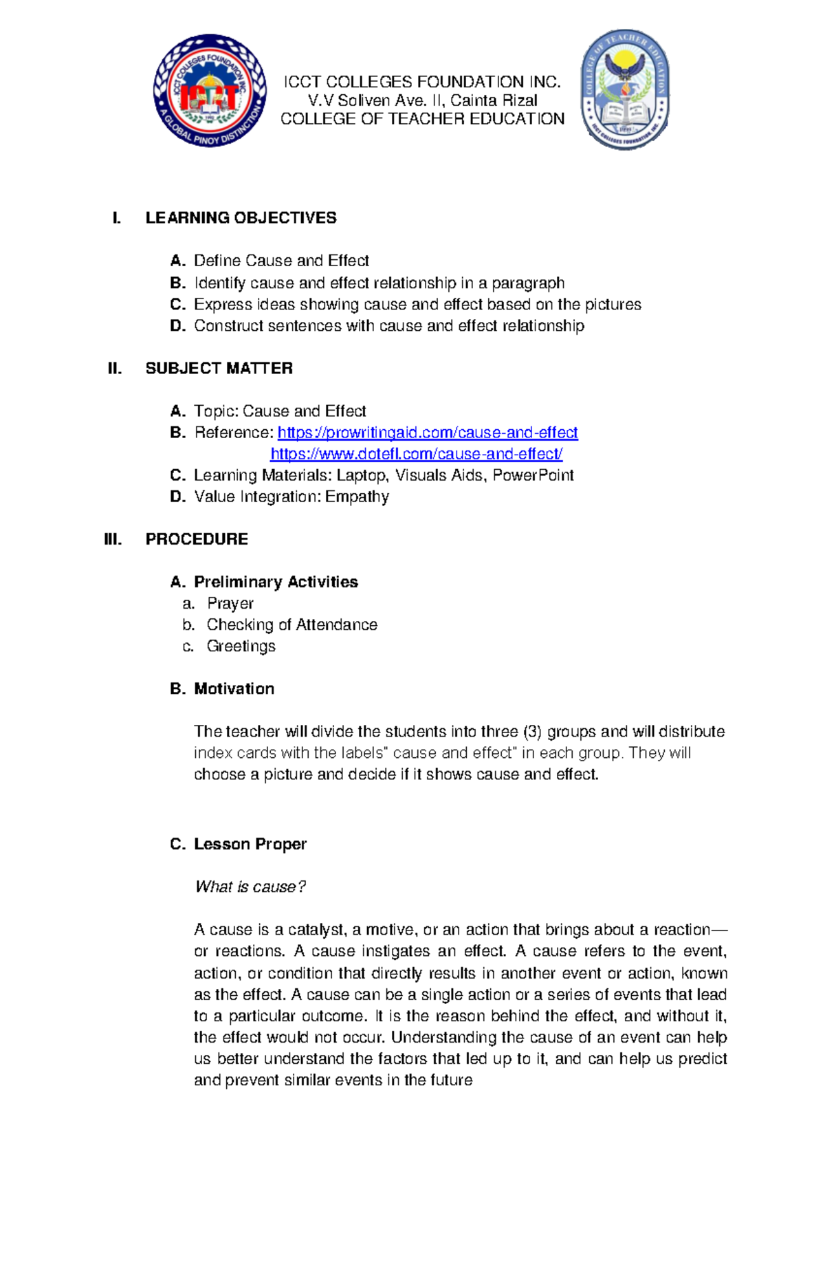 4'As Lesson PLAN- Cause and Effect-final - I. LEARNING OBJECTIVES A ...