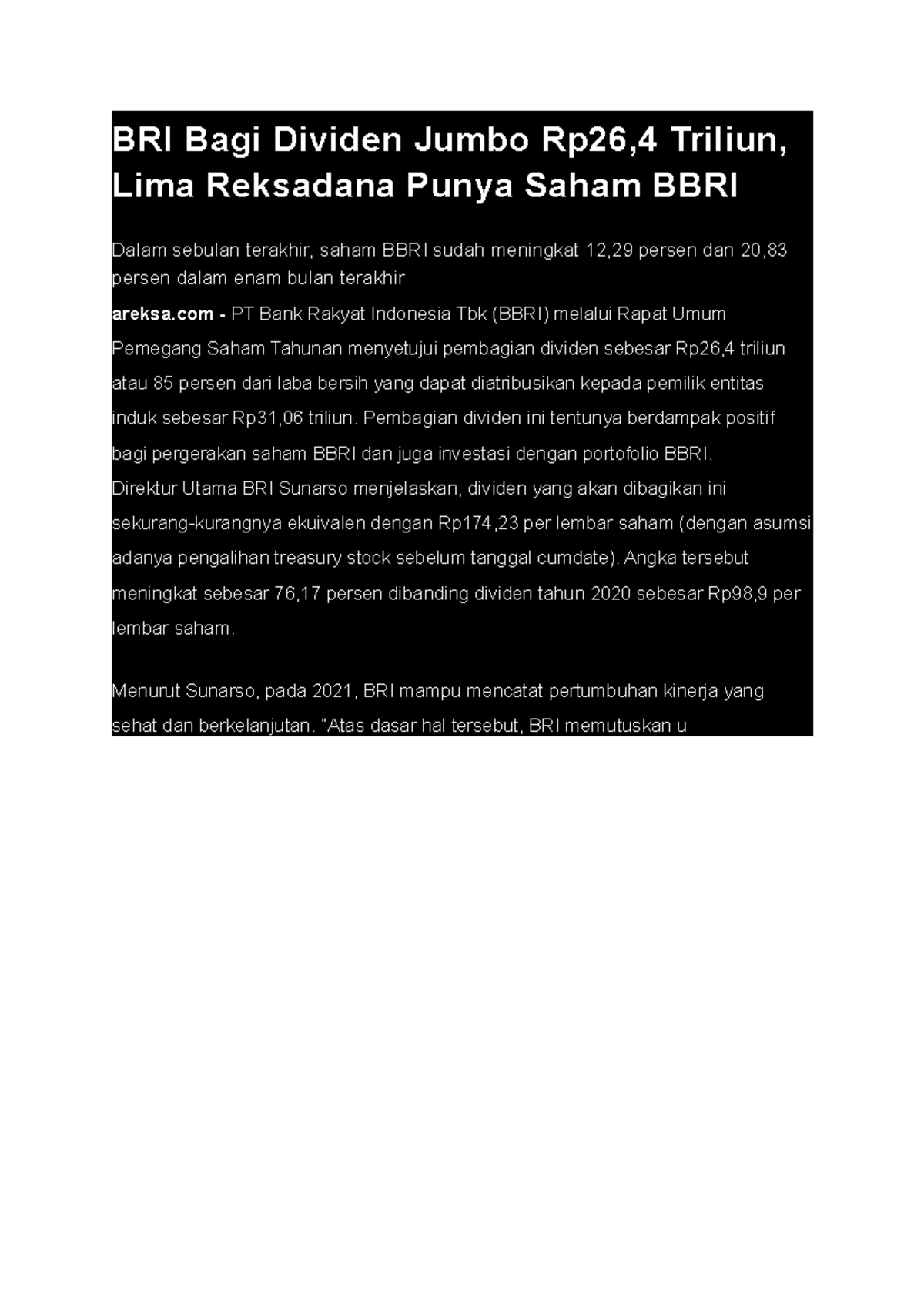 BRI Bagi Dividen Jumbo Rp26 - Pembagian dividen ini tentunya berdampak ...