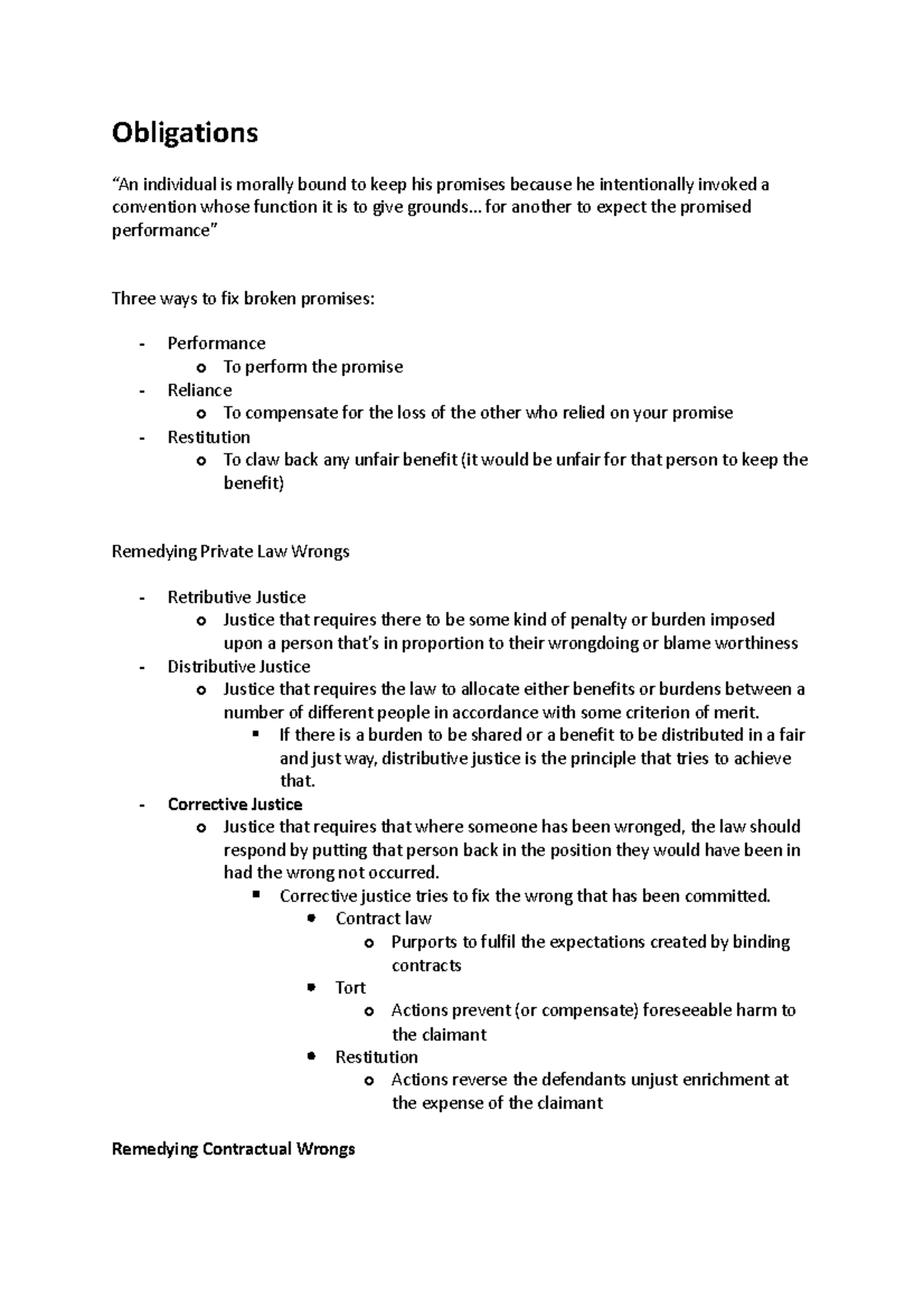 Contracts - Obligations “An individual is morally bound to keep his ...