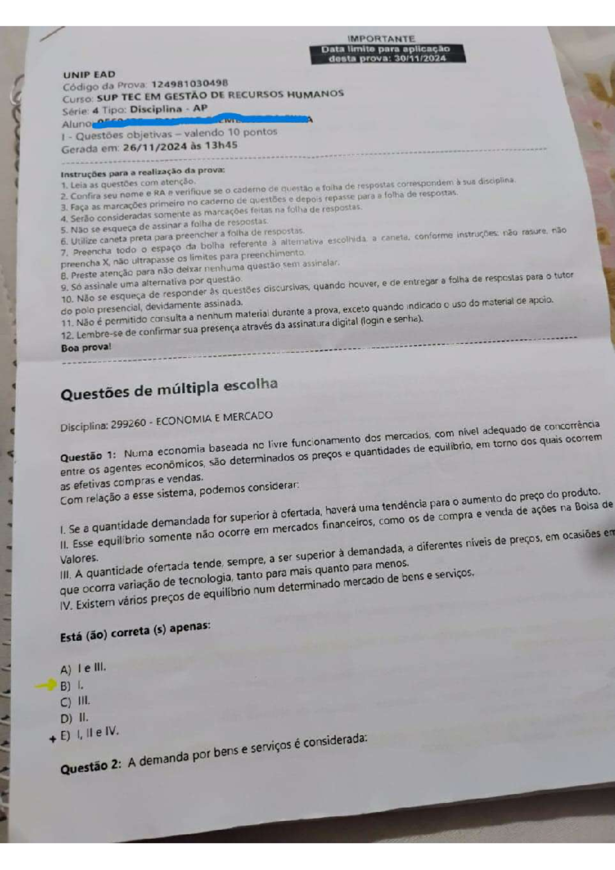 Prova Economia e Mercado - IMPORTANTE Data limite para aplicação desta ...