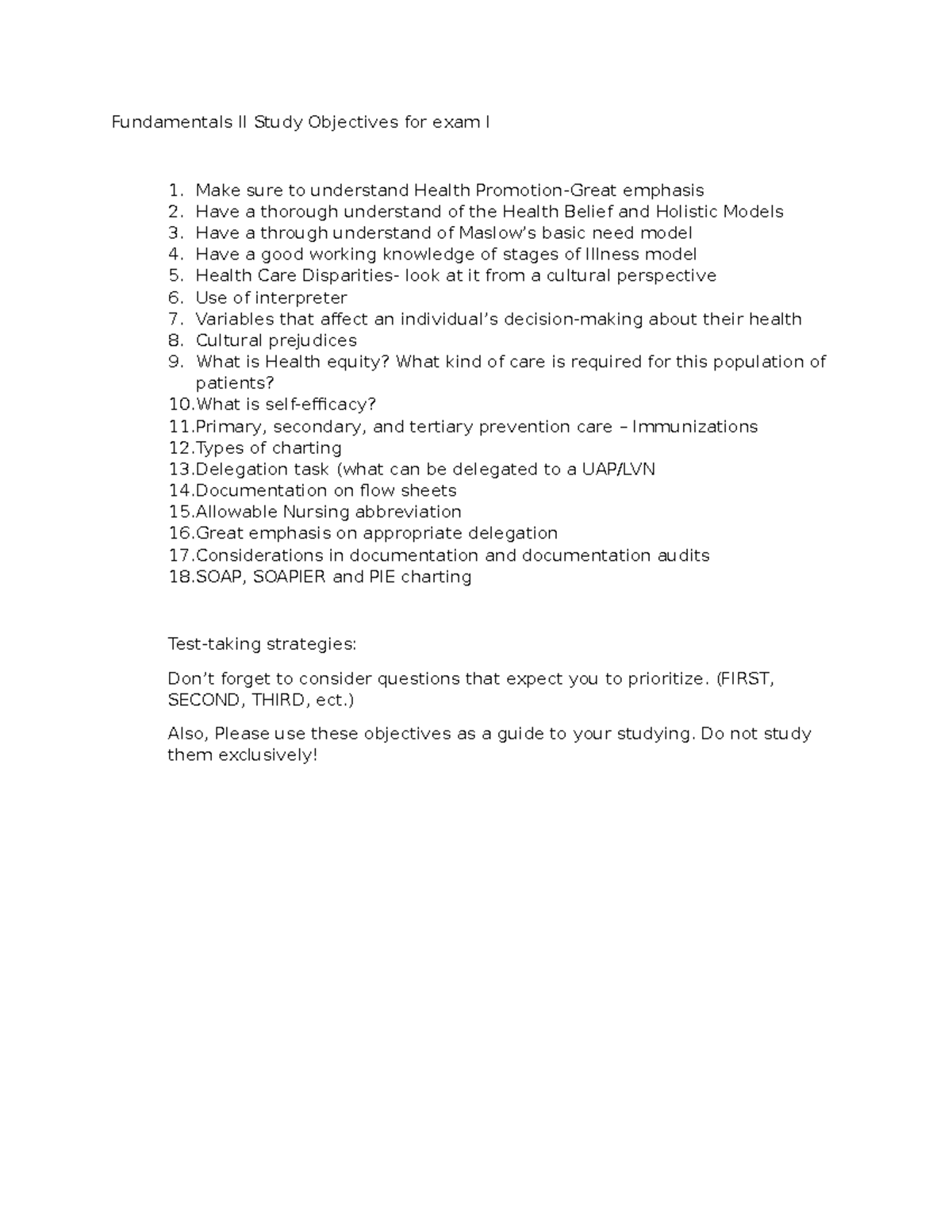 Fundamentals II Study Objectives for exam I - Make sure to understand ...
