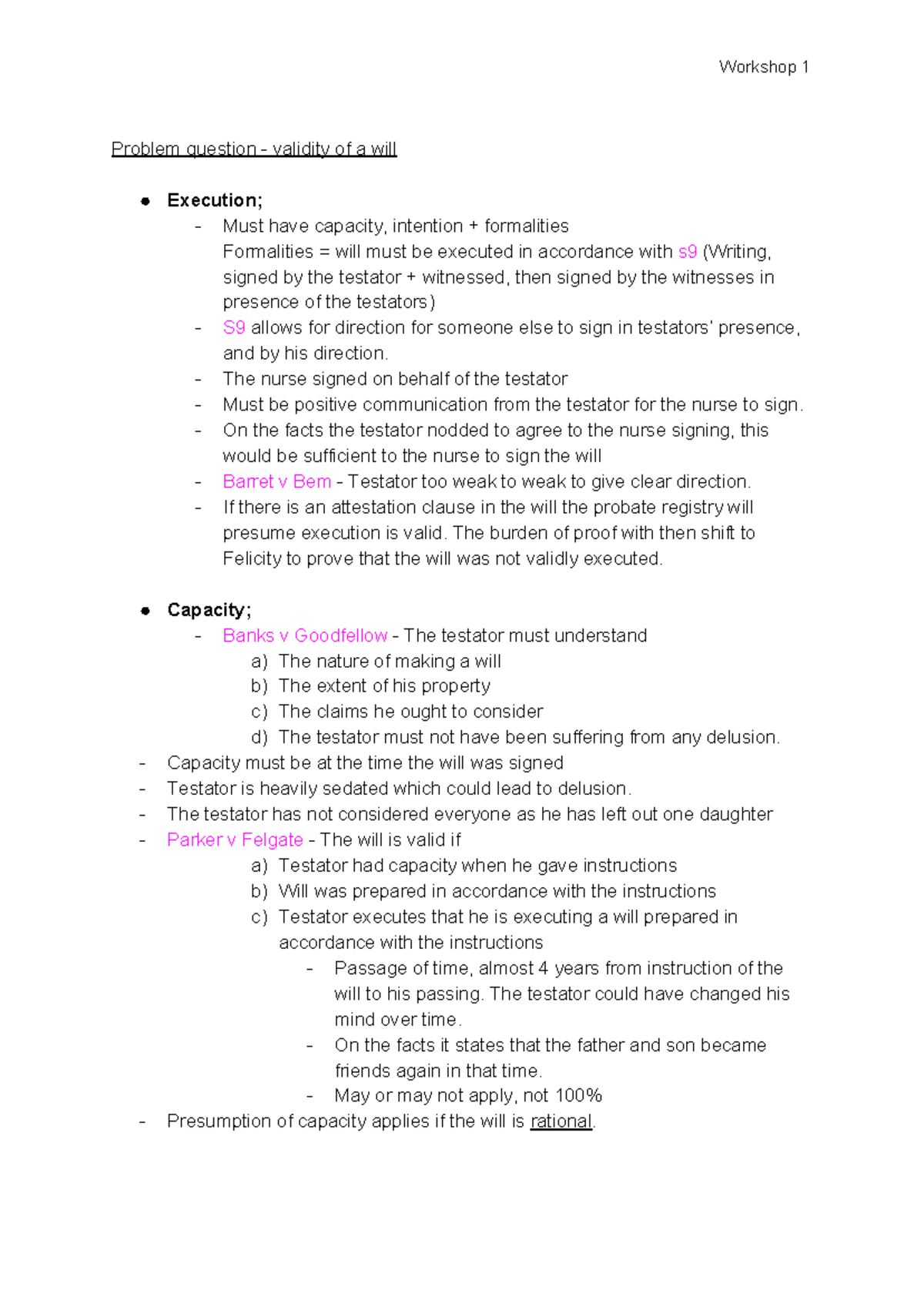 Wills & Succession (Level 6) Workshop 1 - Workshop 1 Problem question ...