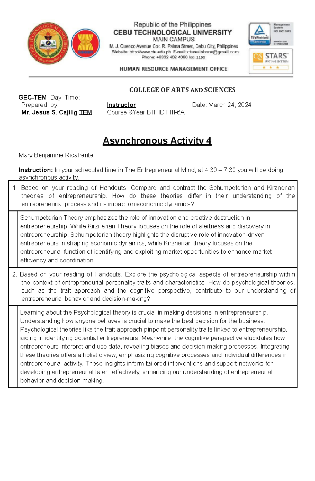 GEC-TEM Activity 4 - COLLEGE OF ARTS AND SCIENCES GEC-TEM: Day: Time ...