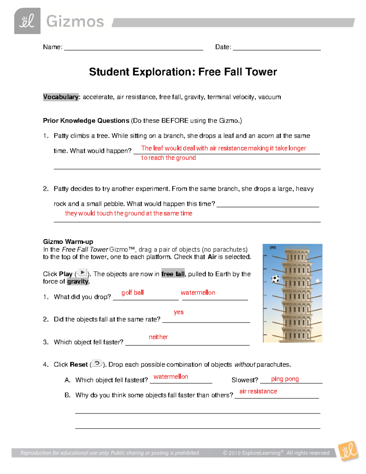 Free Fall Tower SE - Name: ______________________________________ Date