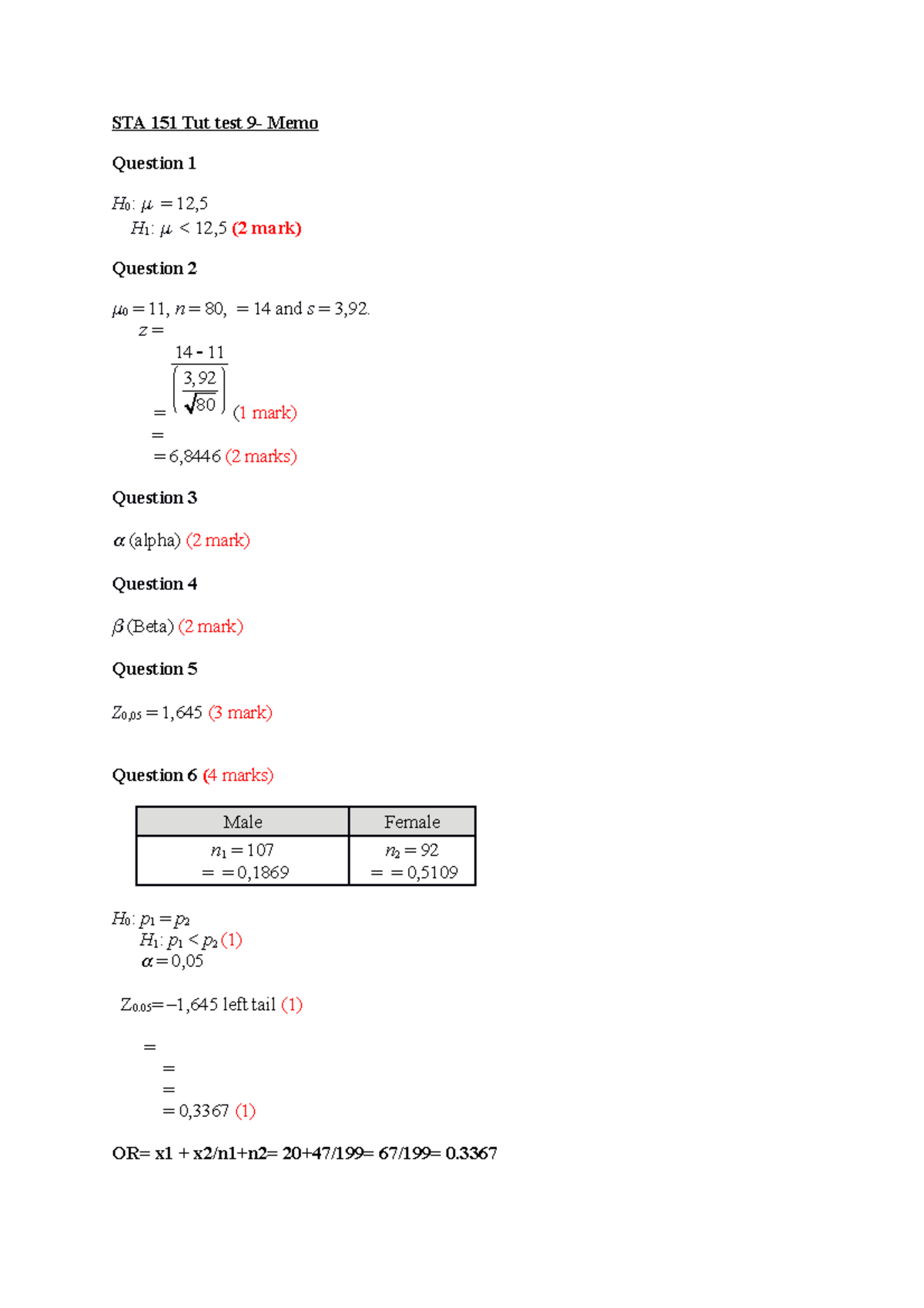 STA 151 Tut test 9 MEMO - PRACTICE MATERIAL FOR CHAPTER 9 - STA 151 Tut ...
