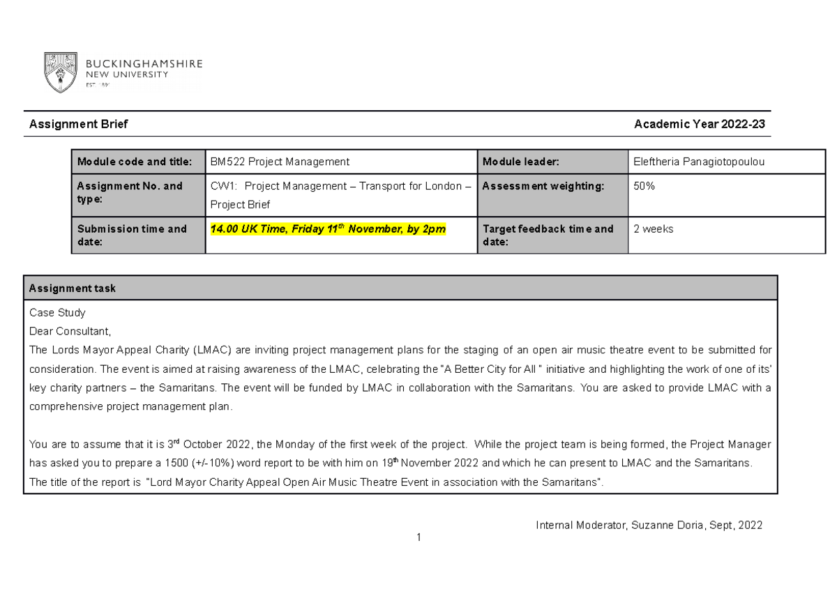 BM522 Project Management CW1 Assignment Brief IM Approved 2022-23 ...