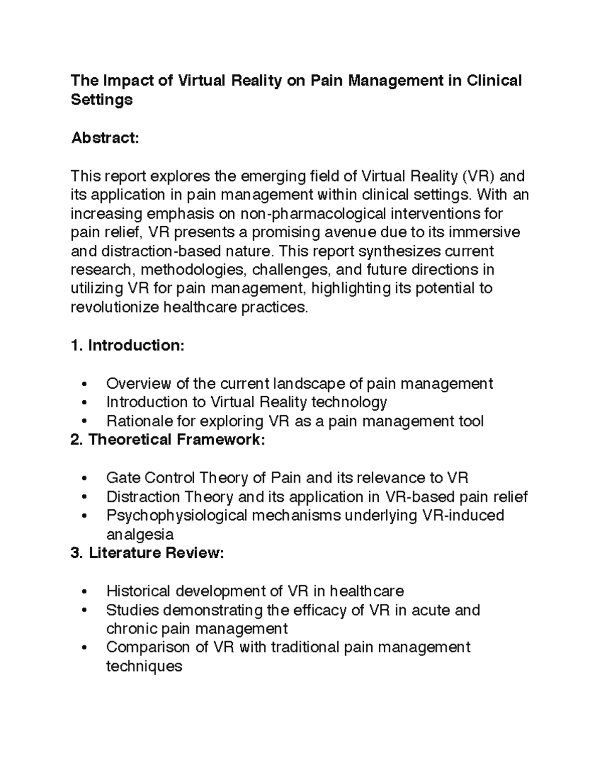 Virtual Reality Pain Management Report Final Version - The Impact of ...