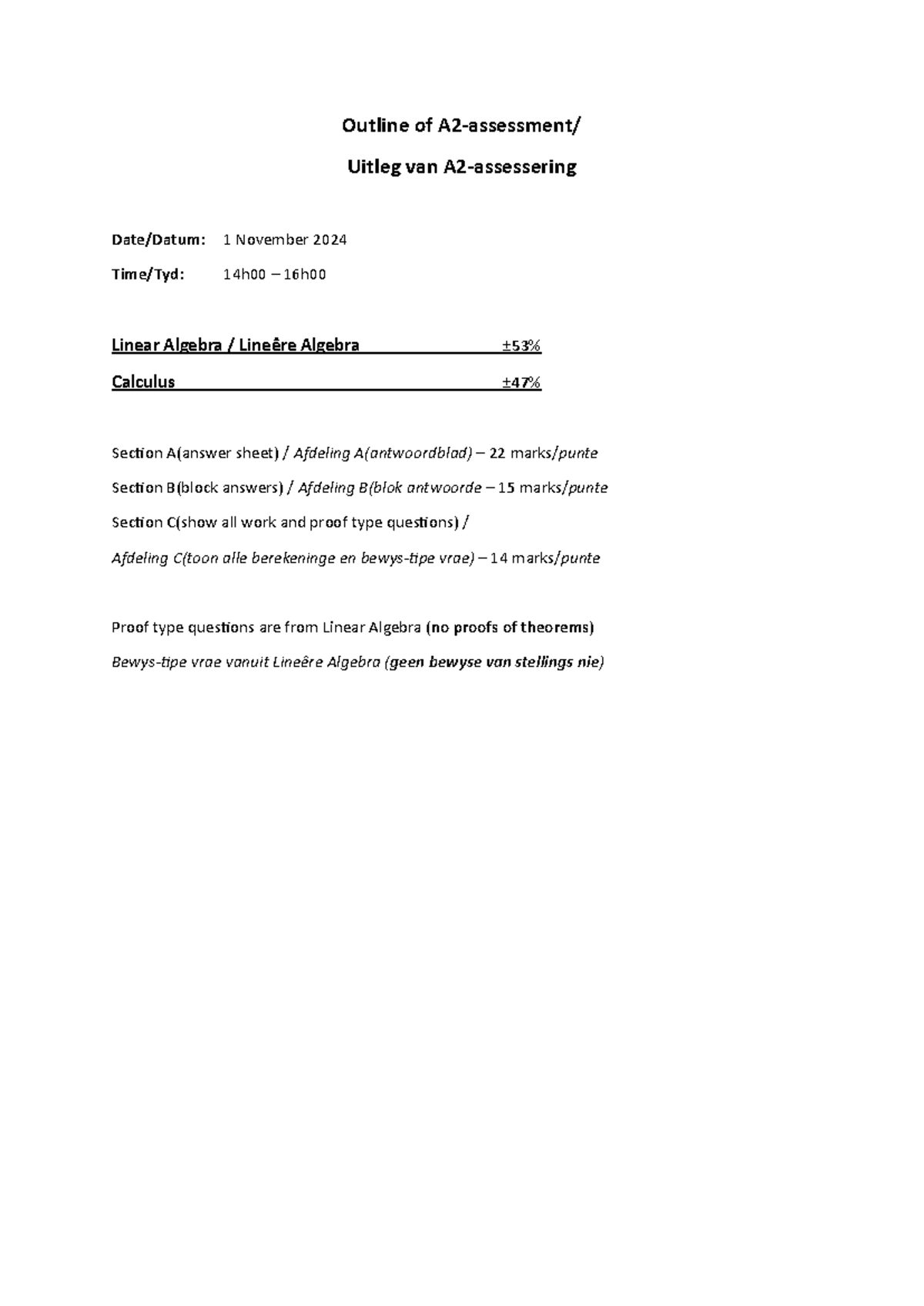 Outline of A2 - Outline of A2-assessment/ Uitleg van A2-assessering ...