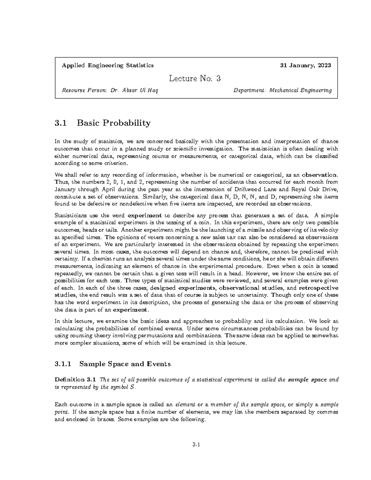 Lecture No - mmmmmmmmmmmm - Applied Engineering Statistics 31 January ...