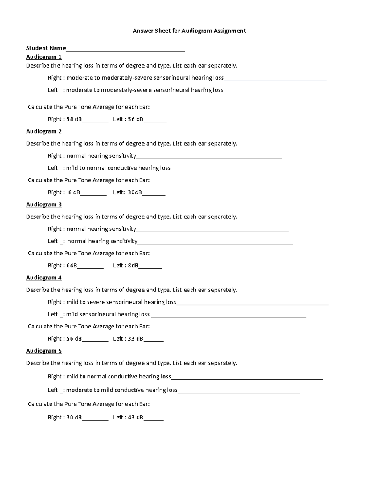 Answer Sheet for Audiogram Assignment No Name - Answer Sheet for ...